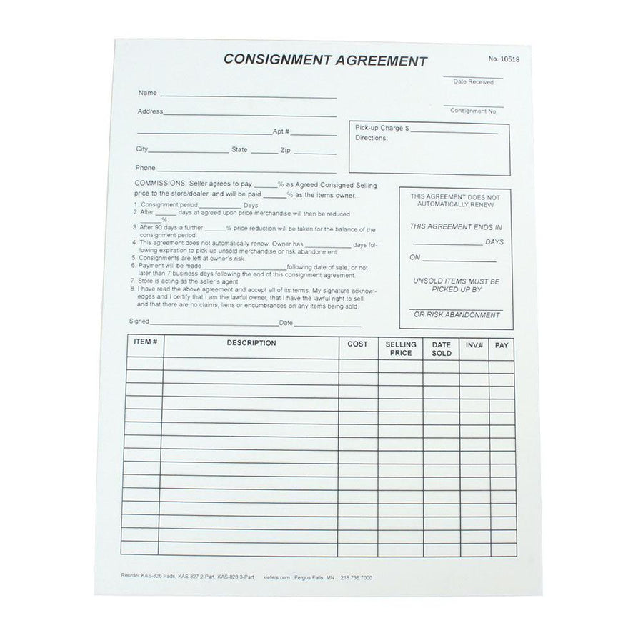 Standard Consignment Agreement Form | Auction Form Pad